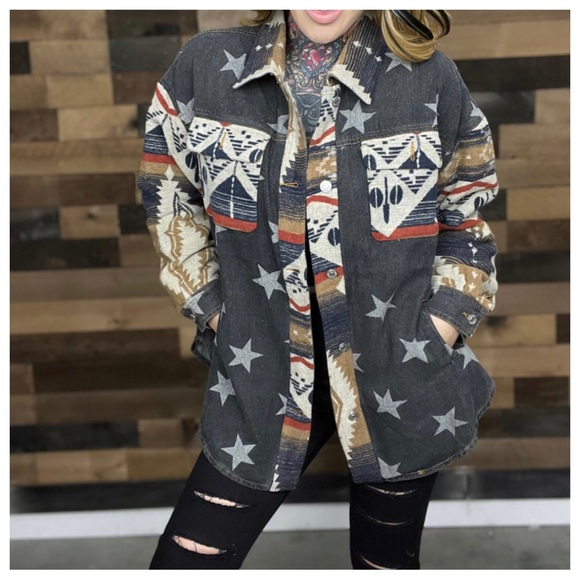 Jackets & Coats | Aztec Faded Stars Black Denim Oversized Jacket Sz M ...